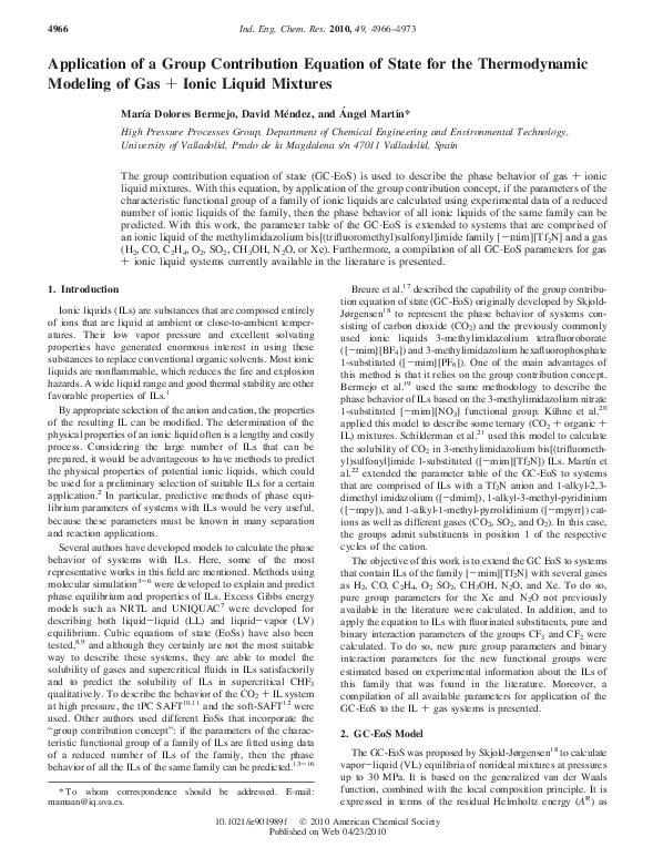 (PDF) Application of a Group Contribution Equation of State for the ...
