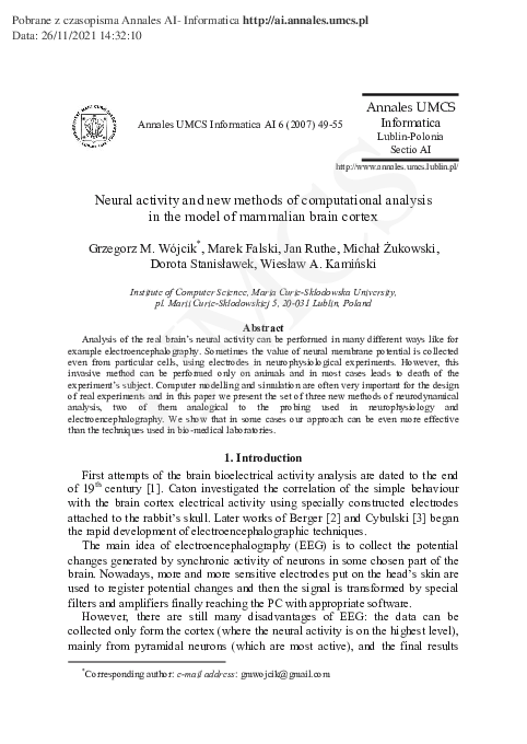 Pdf Neural Activity And New Methods Of Computational Analysis In The Model Of Mammalian Brain