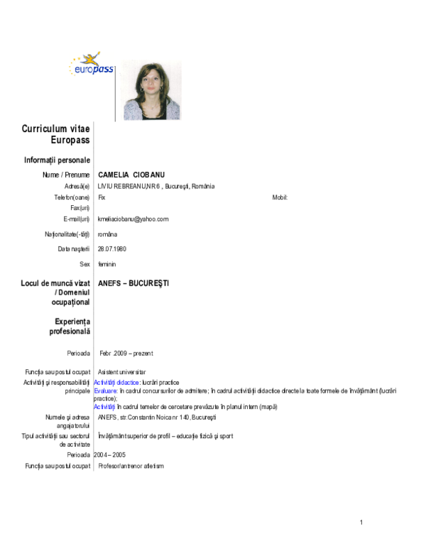 (PDF) Curriculum vitae Europass Informaţii personale | Aura Bota ...