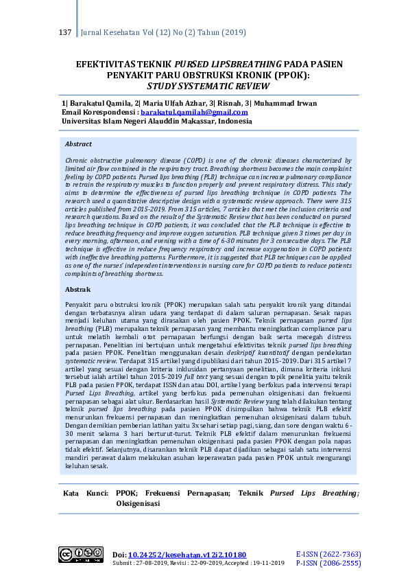 (PDF) Efektivitas Teknik Pursed Lipsbreathing Pada Pasien Penyakit Paru Obstruksi Kronik (Ppok ...