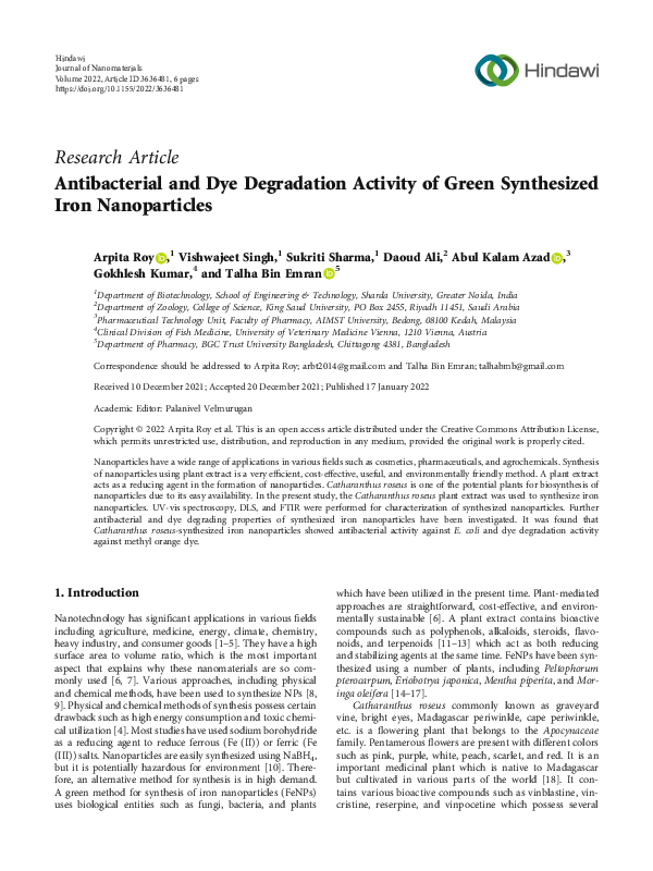 (PDF) Antibacterial and Dye Degradation Activity of Green Synthesized Iron Nanoparticles