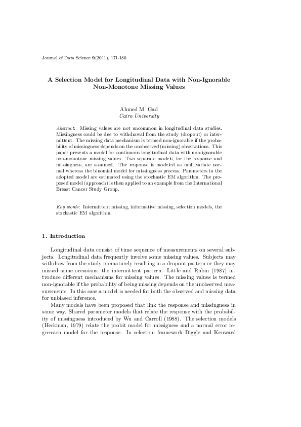 (PDF) A Selection Model for Longitudinal Data with Non-Ignorable Non-Monotone Missing Values