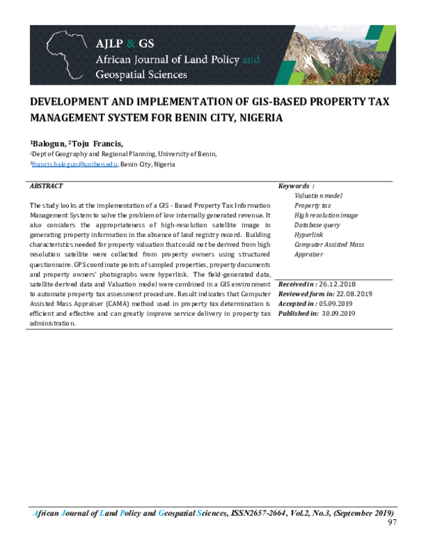 (PDF) Development and Implementation of Gis-Based Property Tax Management System for Benin City ...