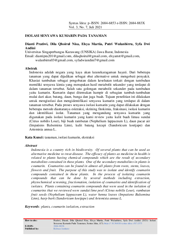 (PDF) Isolasi Senyawa Kumarin pada Tanaman