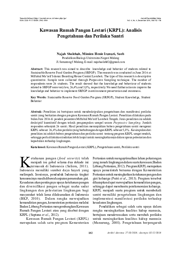 (PDF) Kawasan Rumah Pangan Lestari (KRPL): Analisis Pengetahuan Dan Perilaku Santri