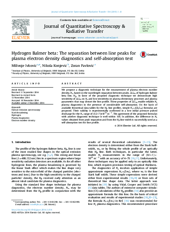(PDF) Hydrogen Balmer beta: The separation between line peaks for plasma electron density ...