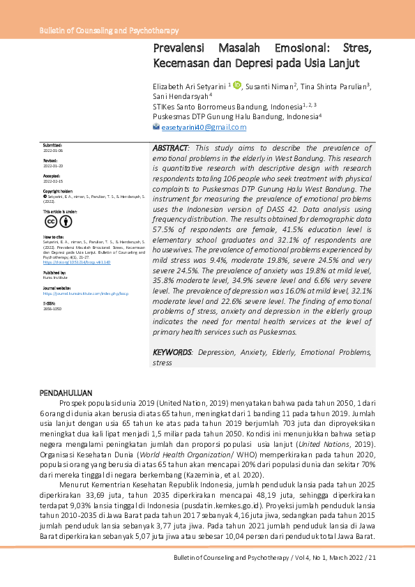 (PDF) Prevalensi Masalah Emosional: Stres, Kecemasan dan Depresi pada Usia Lanjut