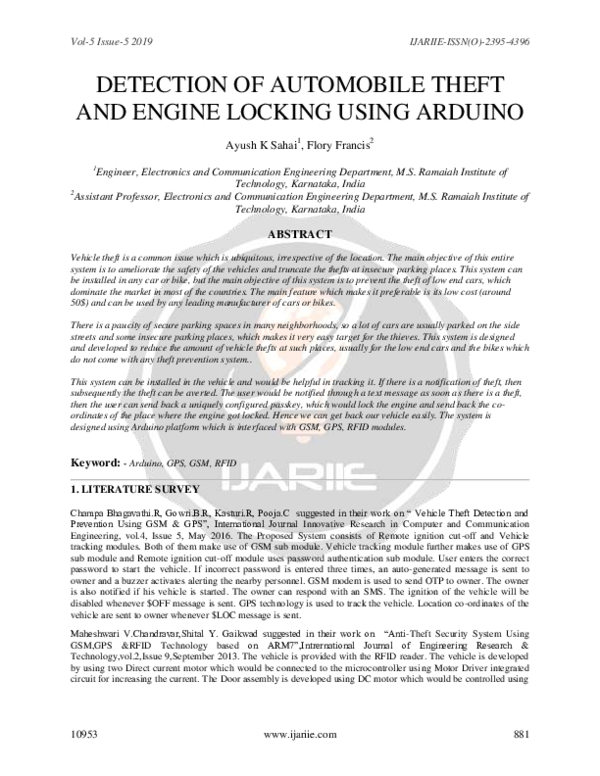 (PDF) Detection of Automobile Theft and Engine Locking Using Arduino