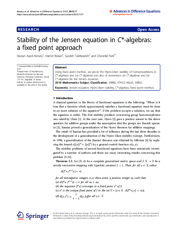 (PDF) Stability of the Jensen equation in C*-algebras: a fixed point ...