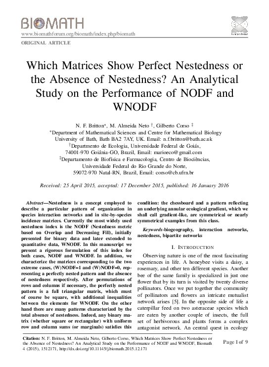 (PDF) Which Matrices Show Perfect Nestedness or the Absence of ...