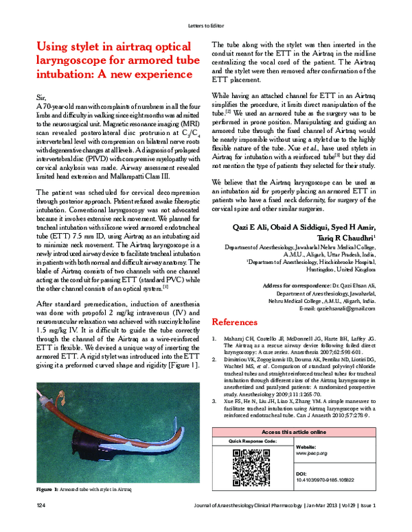 (PDF) Using stylet in airtraq optical laryngoscope for armored tube ...