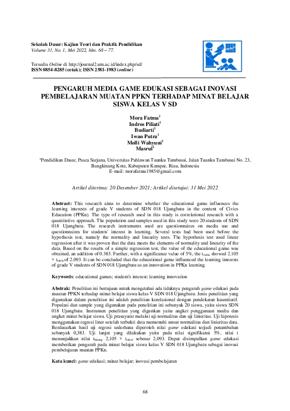 (PDF) Pengaruh Media Game Edukasi sebagai Inovasi Pembelajaran Muatan PPKN terhadap Minat ...