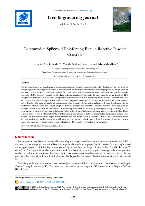 (PDF) Compression Splices of Reinforcing Bars in Reactive Powder Concrete