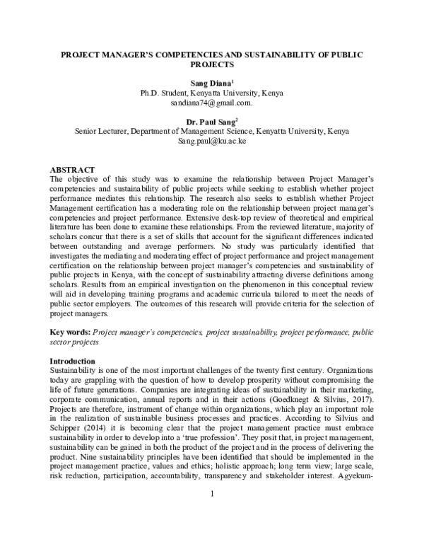 (DOC) Project Manager’s Competencies and Sustainability of Public Projects