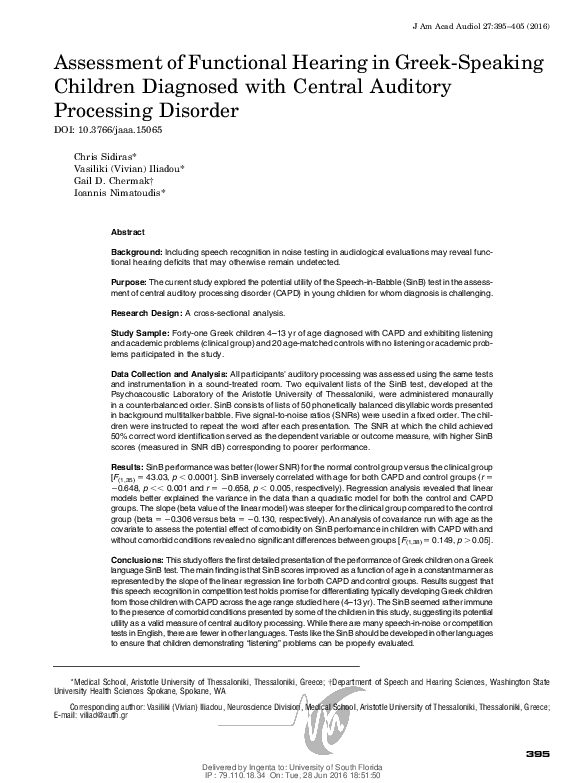 (PDF) Assessment of Functional Hearing in Greek-Speaking Children ...