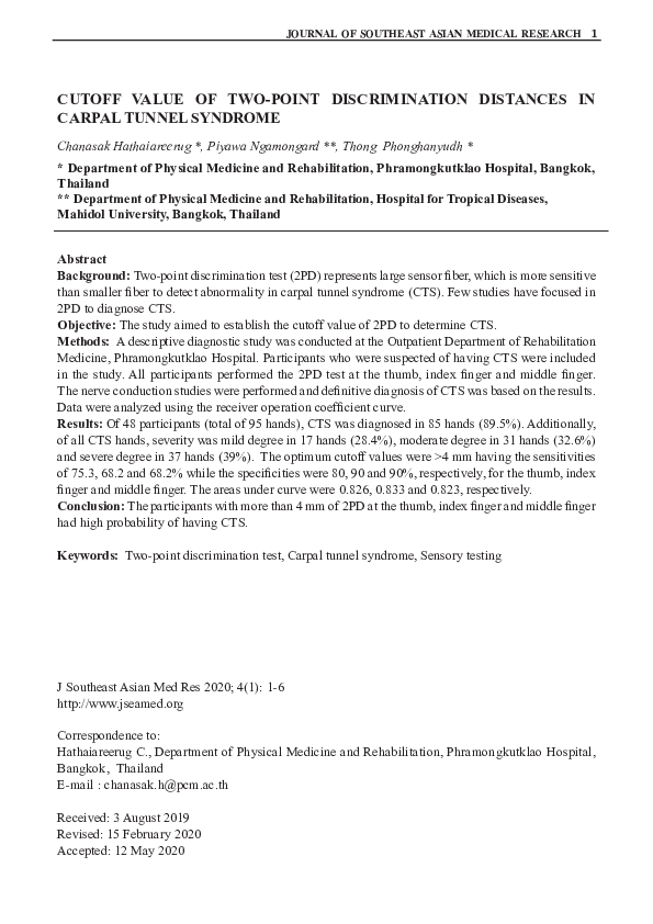 (PDF) Cutoff Value of Two-Point Discrimination Distances in Carpal ...