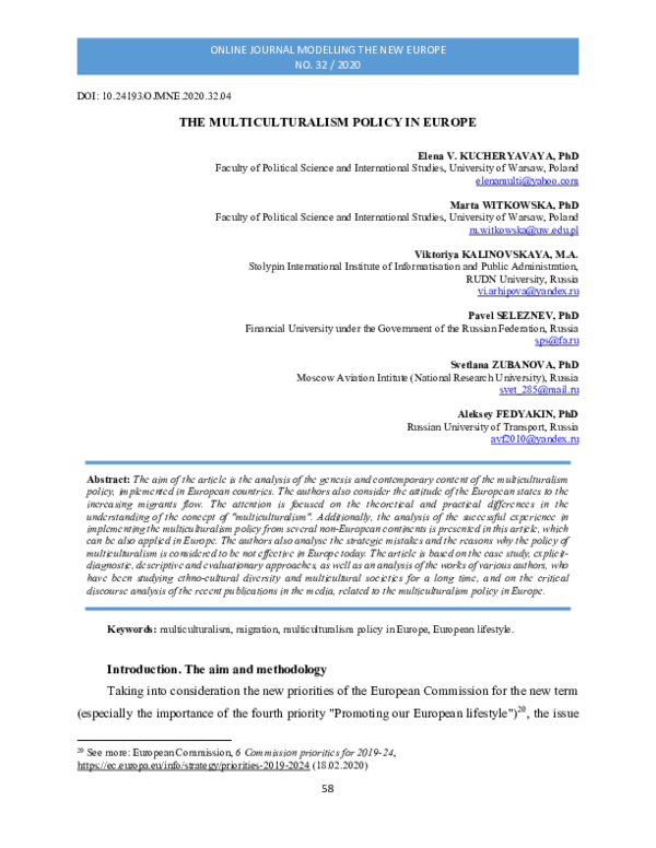 (PDF) The Multiculturalism Policy in Europe
