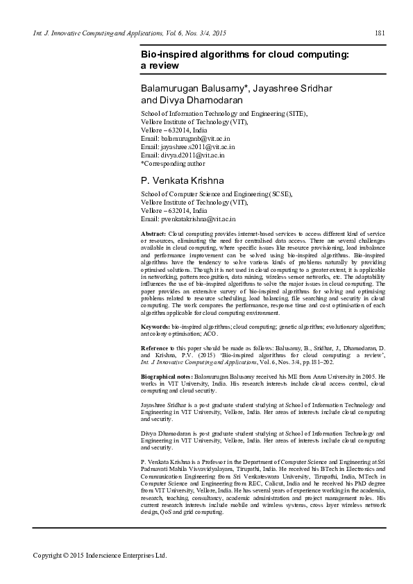 Pdf Bio Inspired Algorithms For Cloud Computing A Review