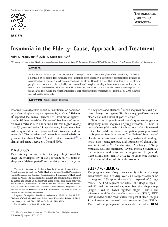 (PDF) Insomnia in the Elderly: Cause, Approach, and Treatment