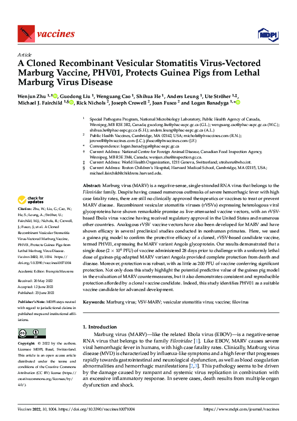 (PDF) A Cloned Recombinant Vesicular Stomatitis Virus-Vectored Marburg Vaccine, PHV01, Protects ...