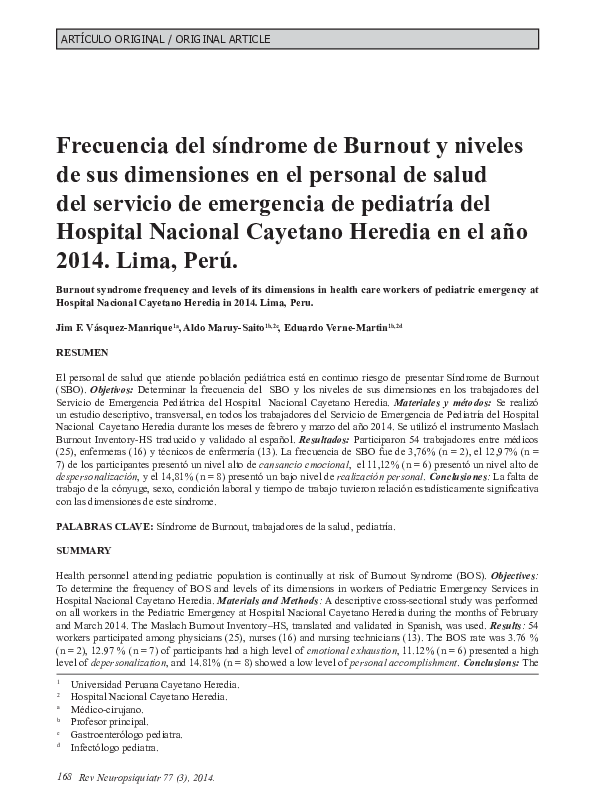 (PDF) Frecuencia del síndrome de Burnout y niveles de sus dimensiones en el personal de salud ...