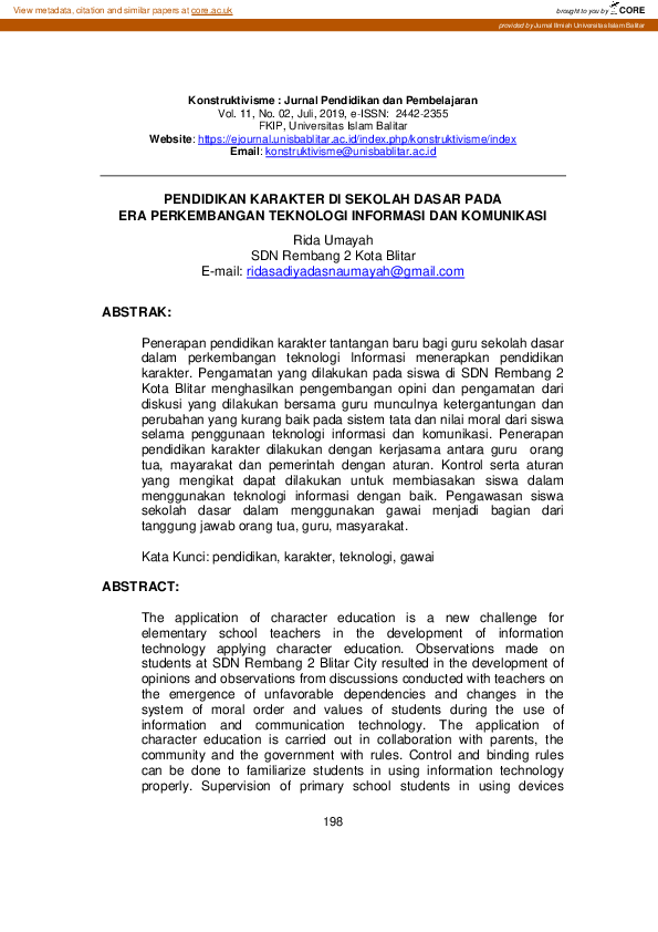 (PDF) Pendidikan Karakter DI Sekolah Dasar Pada Era Perkembangan Teknologi Informasi Dan Komunikasi