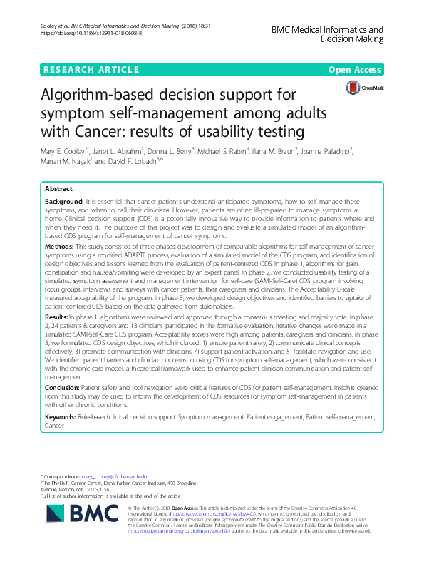 (PDF) Algorithm-based decision support for symptom self-management among adults with Cancer ...