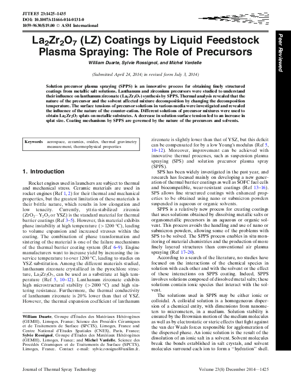 (PDF) La2Zr2O7 (LZ) Coatings by Liquid Feedstock Plasma Spraying: The ...
