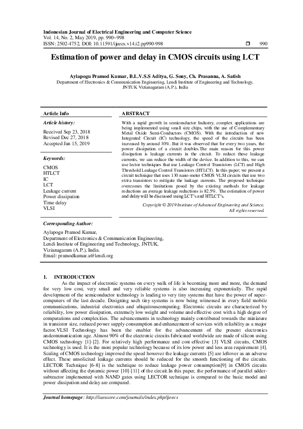 Pdf Estimation Of Power And Delay In Cmos Circuits Using Lct