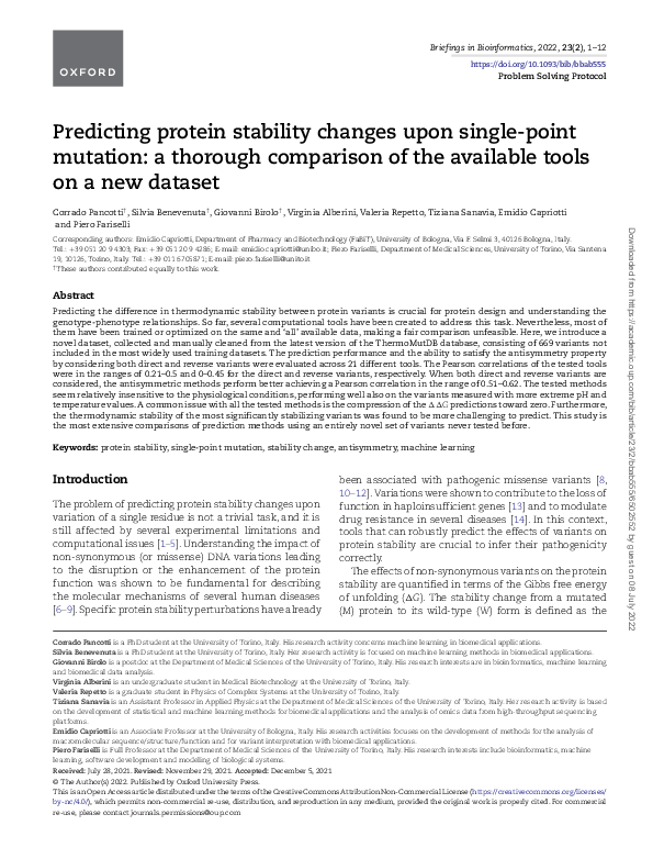 (PDF) Predicting protein stability changes upon single-point mutation: a thorough comparison of ...