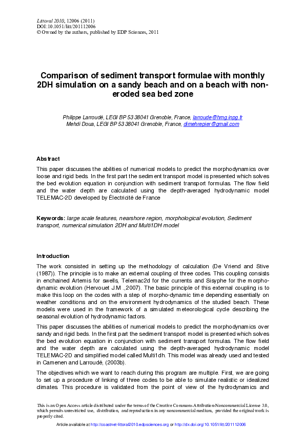 (PDF) Comparison of sediment transport formulae with monthly 2DH ...