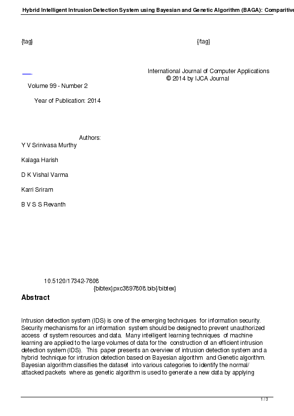 Pdf Hybrid Intelligent Intrusion Detection System Using Bayesian And Genetic Algorithm Baga