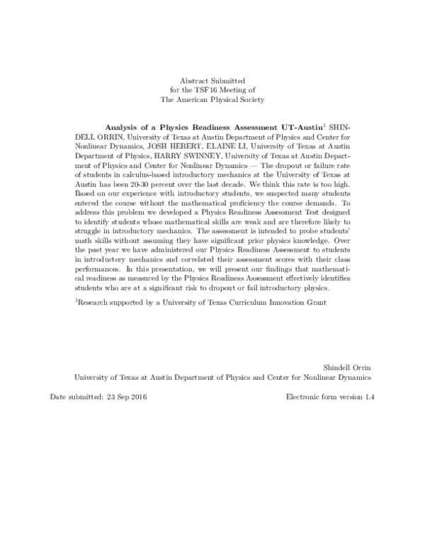 (PDF) Analysis of a Physics Readiness Assessment UT-Austin