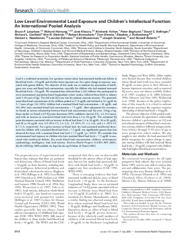 (PDF) Low-Level Environmental Lead Exposure and Children’s Intellectual ...