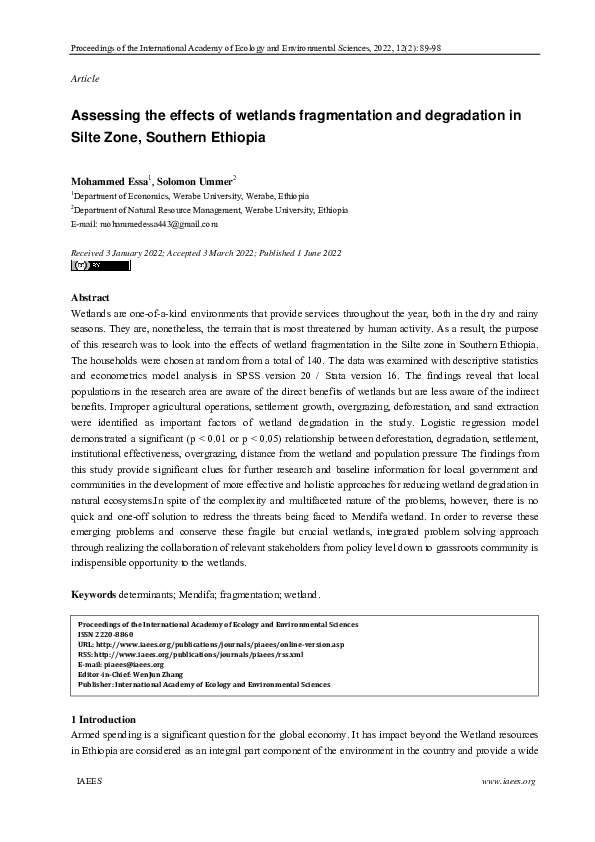 (PDF) Assessing the effects of wetlands fragmentation and degradation ...