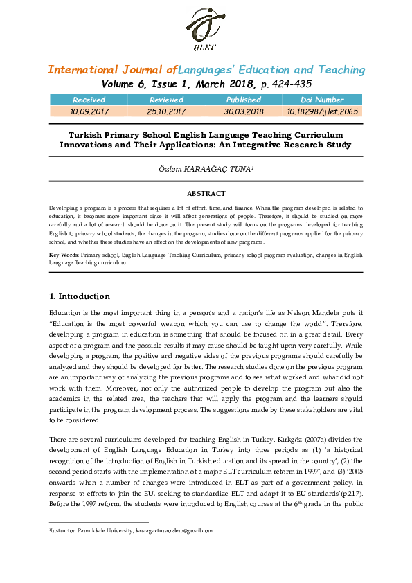 (PDF) Turkish Primary School English Language Teaching Curriculum ...