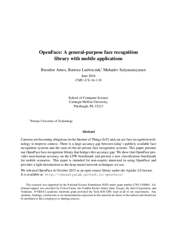 (PDF) OpenFace: A general-purpose face recognition library with mobile ...