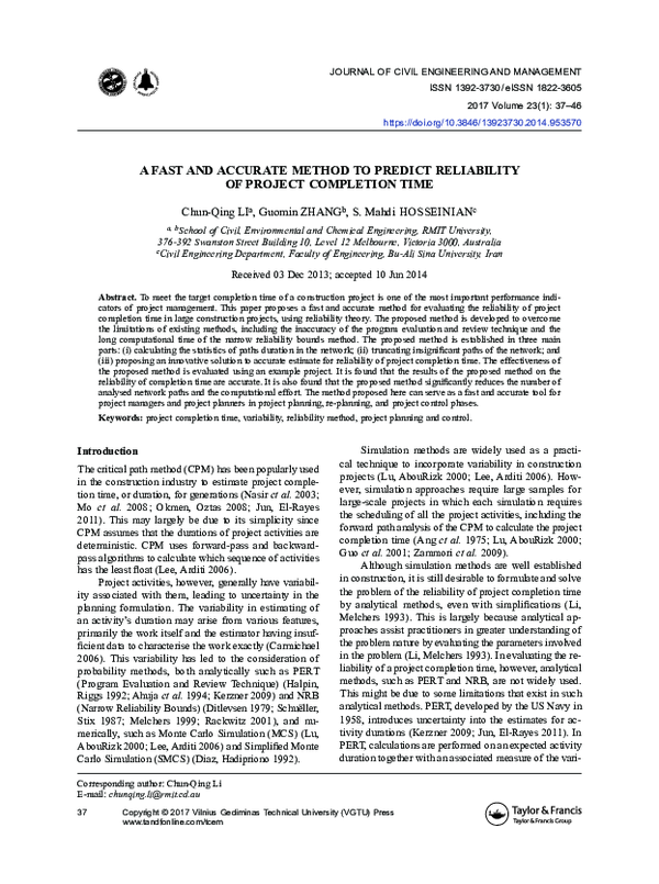 (PDF) A Fast and Accurate Method to Predict Reliability of Project Completion Time