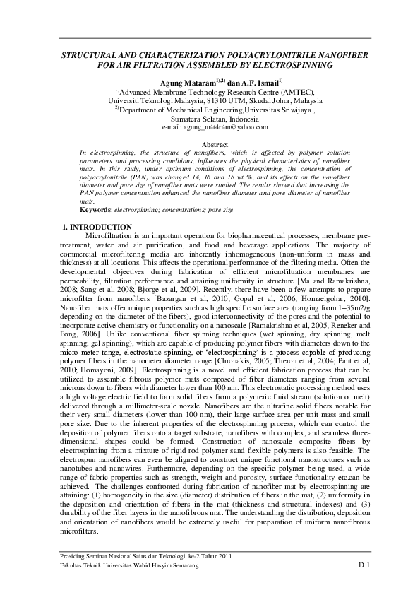 (PDF) Structural and Characterization Polyacrylonitrile Nanofiber for Air Filtration Assembled ...