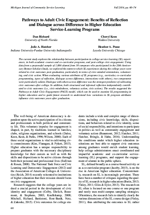 (PDF) Pathways to Adult Civic Engagement: Benefits of Reflection and Dialogue across Difference ...