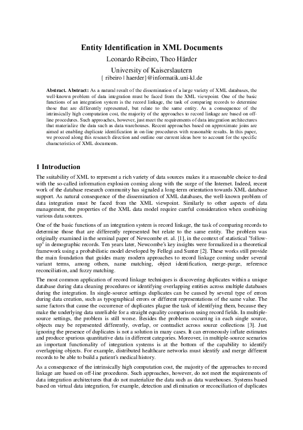 (PDF) Entity identification in XML documents