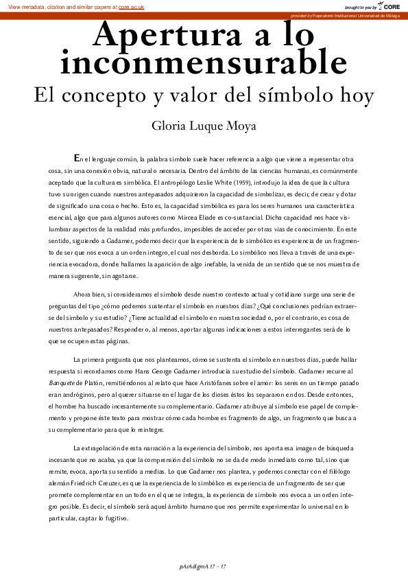 (PDF) Apertura a lo inconmensurable: el concepto y valor del símbolo hoy