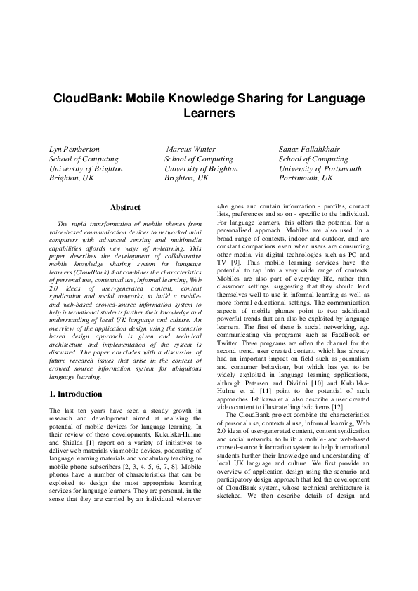 (PDF) CloudBank:mobile knowledge sharing for language learners