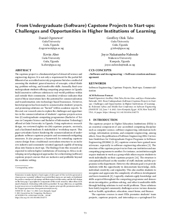 (PDF) From Undergraduate (Software) Capstone Projects to Start-ups ...