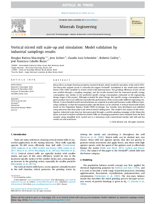 (PDF) Vertical stirred mill scale-up and simulation: Model validation by industrial samplings ...
