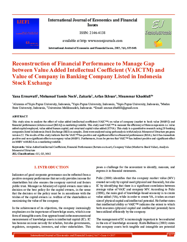 (PDF) Reconstruction of Financial Performance to Manage Gap between Value Added Intellectual ...