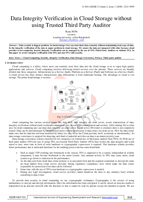 (PDF) Data Integrity Verification in Cloud Storage without using Trusted Third Party Auditor