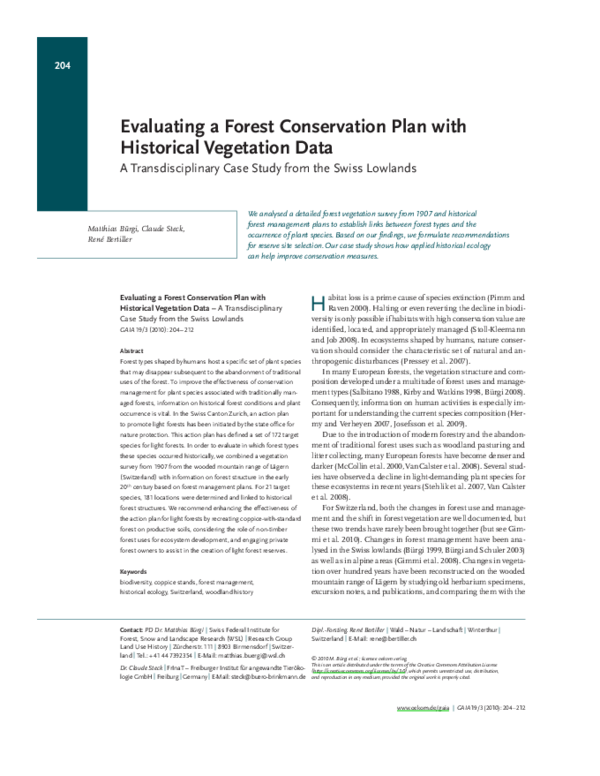 (PDF) Evaluating a Forest Conservation Plan with Historical Vegetation Data – A ...