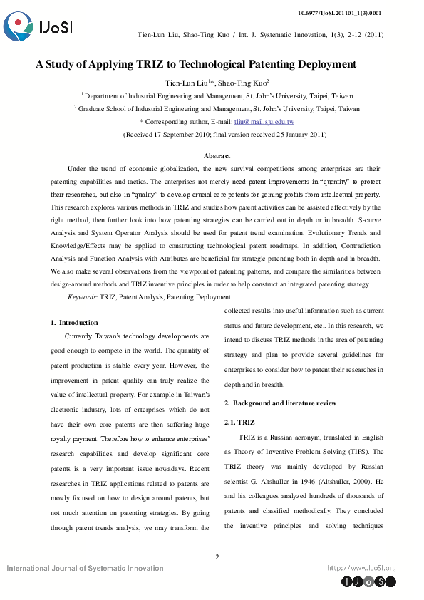 (PDF) A Study of Applying Triz to Technological Patenting Strategies