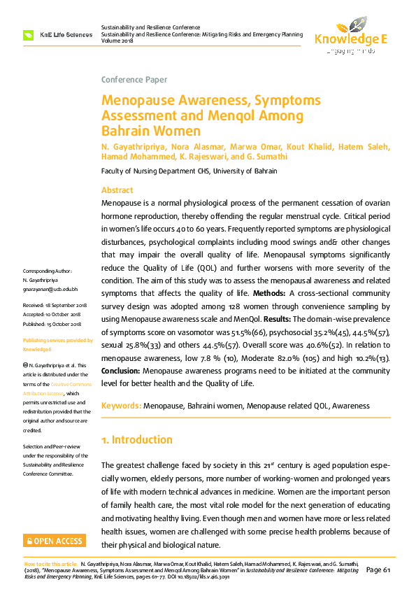 (PDF) Menopause Awareness, Symptoms Assessment and Menqol Among Bahrain ...